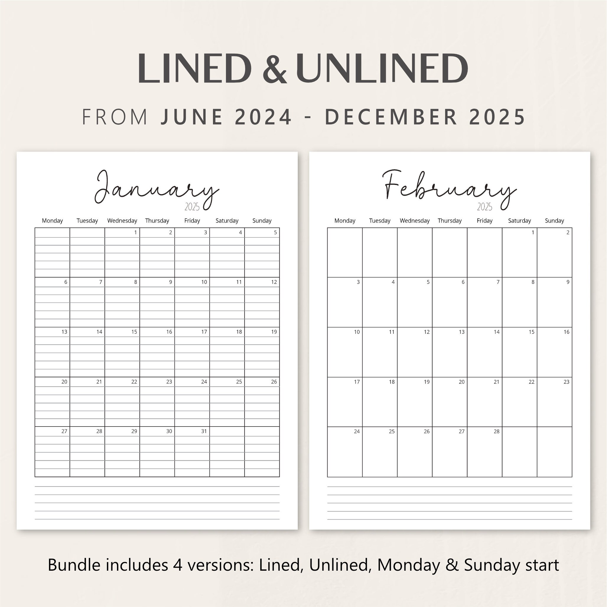 2024 2025 Midyear Calendars PORTRAIT Lined & Blank Monthly Academic ...