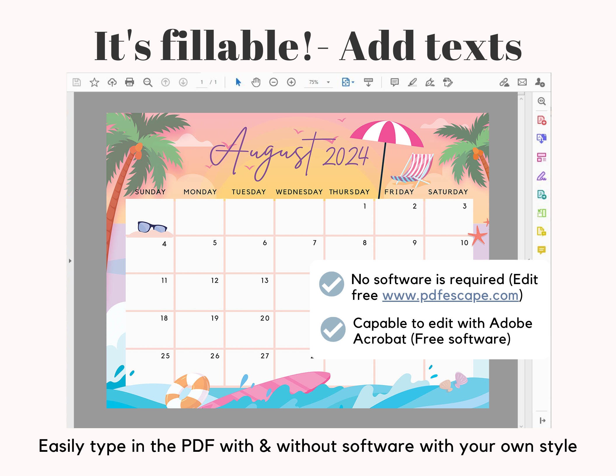August 2024 Calendar Printable Summer Planner Calendar Cute Pink Sunset ...