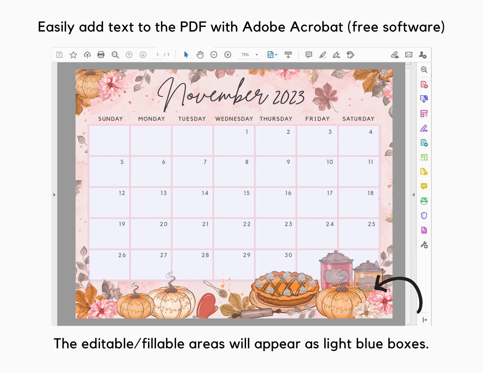 November 2023 Calendar Beautiful Fall Autumn Flowers & Leaves Mushrooms ...
