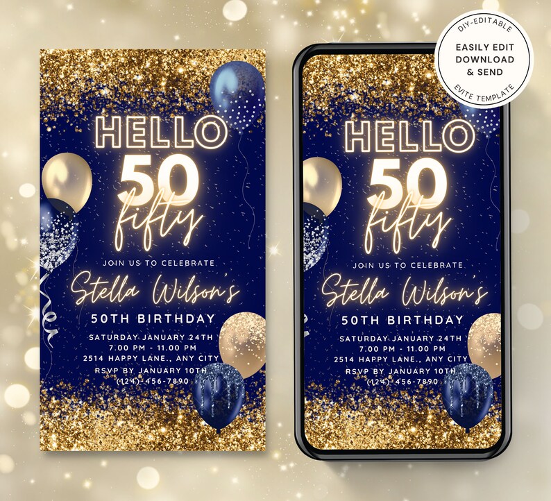 Fifty - Gold and Royal Blue Sparkle for 50 Th Birthday Ladies and ...