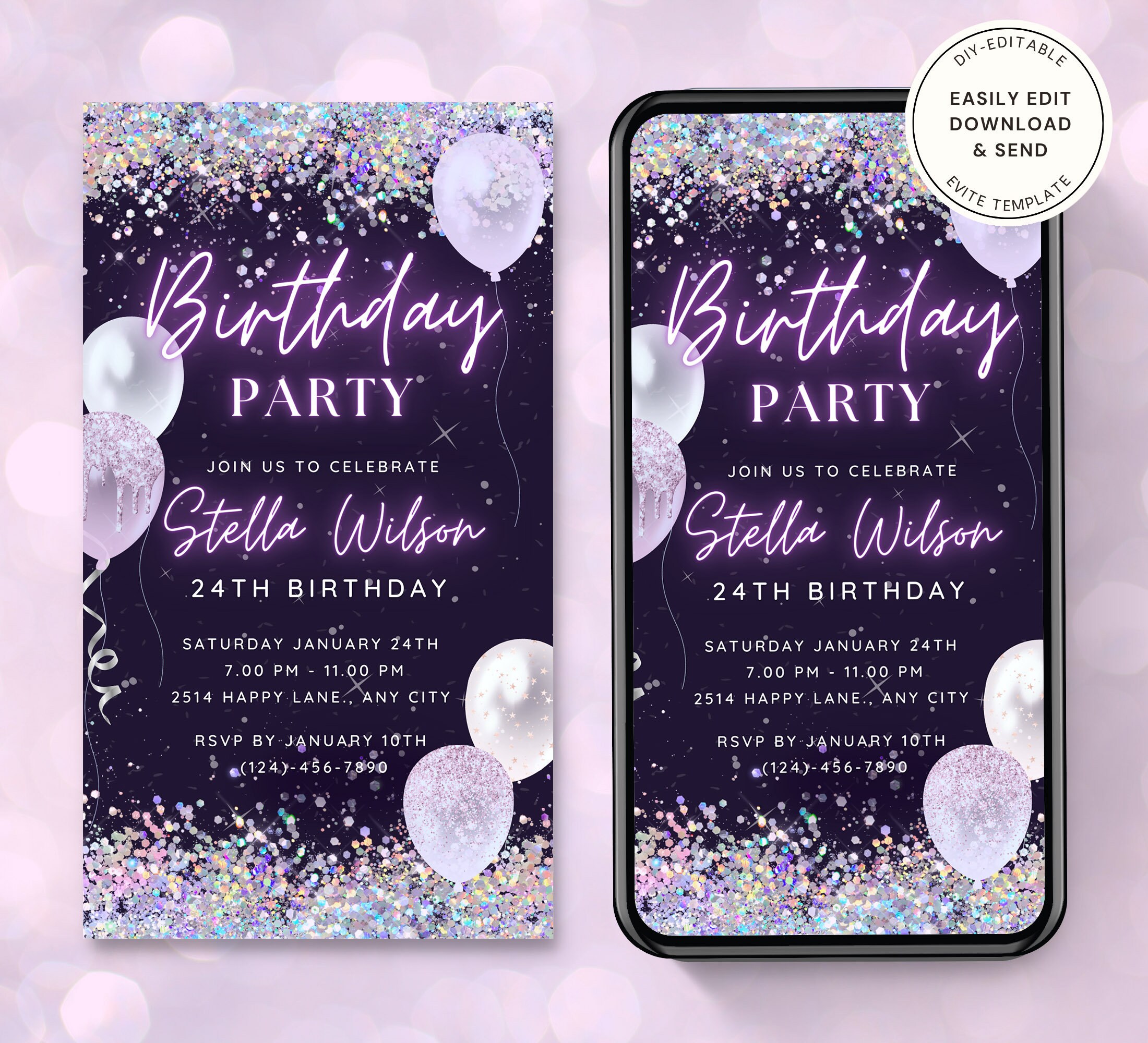 Purple Neon Birthday Party Invitation Animated Birthday Party - Etsy