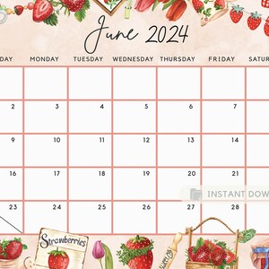 Cute June 2024 Calendar, Strawberry Gnome Sweet Spring June 24 ...