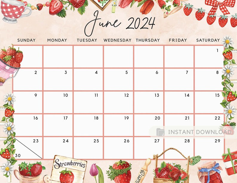 Cute June 2024 Calendar, Strawberry Gnome Sweet Spring June 24 ...