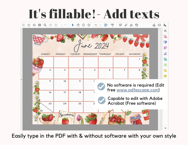 Cute June 2024 Calendar, Strawberry Gnome Sweet Spring June 24 ...