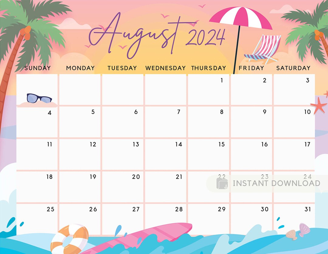 August 2024 Calendar Printable Summer Planner Calendar Cute Pink Sunset ...