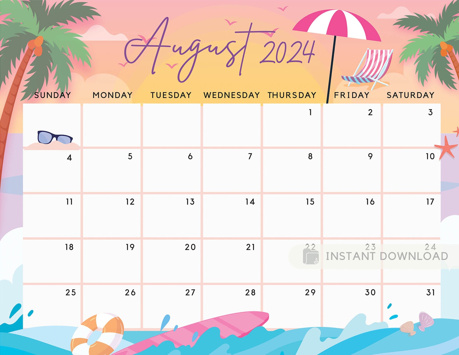 August 2024 Calendar Printable Summer Planner Calendar Cute Pink Sunset ...