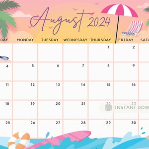 August 2024 Calendar Printable Summer Planner Calendar Cute Pink Sunset ...