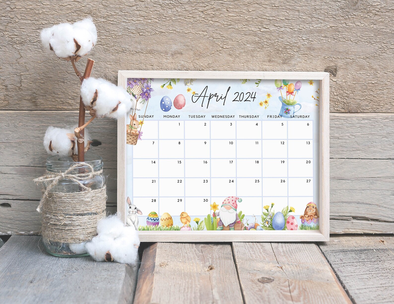Printable April 2024 Calendar Fun Easter Bunny & Gnome Ediatble Planner ...