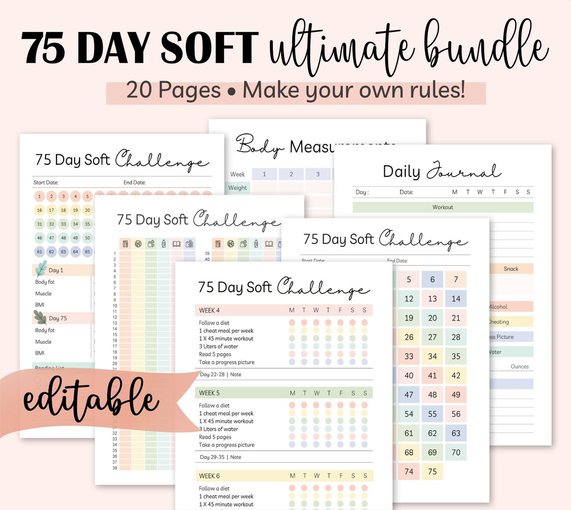 Editable 75 Day SOFT Challenge Progress Tracker Medium - Etsy