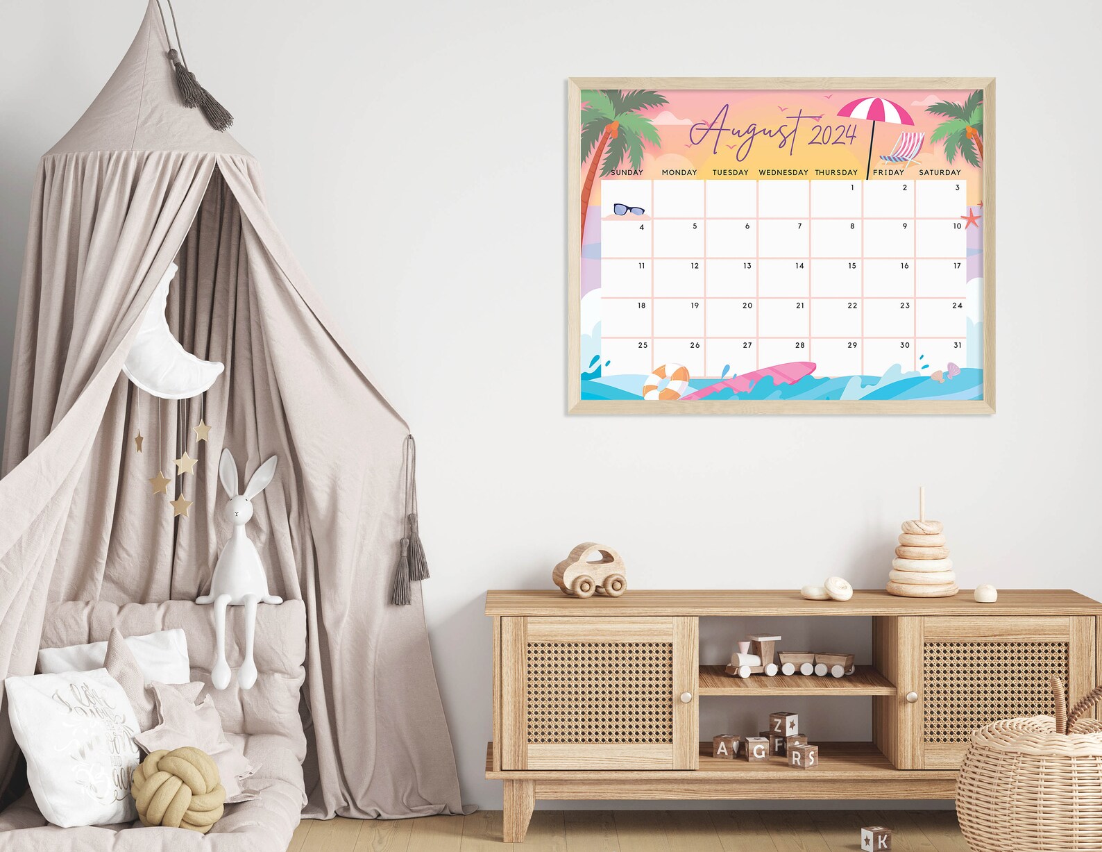August 2024 Calendar Printable Summer Planner Calendar Cute Pink Sunset ...