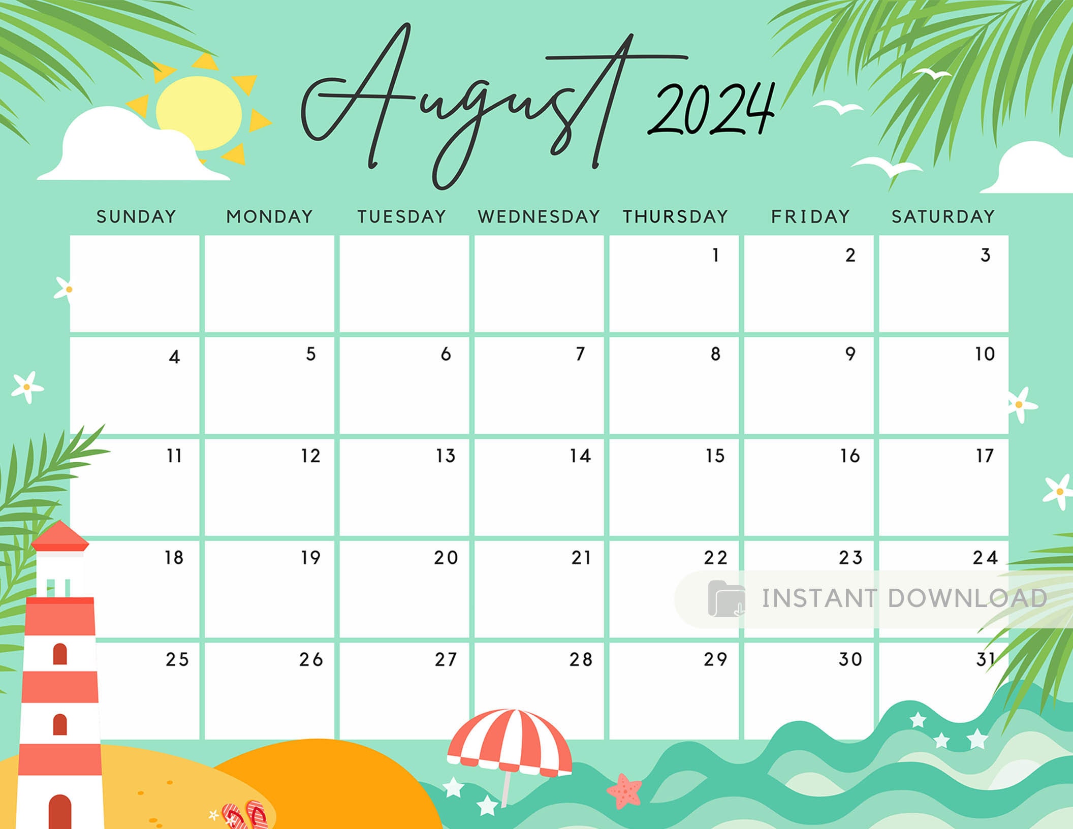 August 2024 Calendar, Warm & Cute Summer Beach Printable Calendar ...