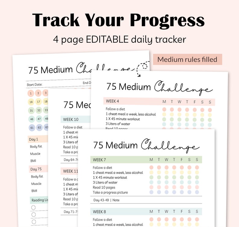 Editable 75 MEDIUM Challenge Progress Tracker, Easier Challenge Tracker ...