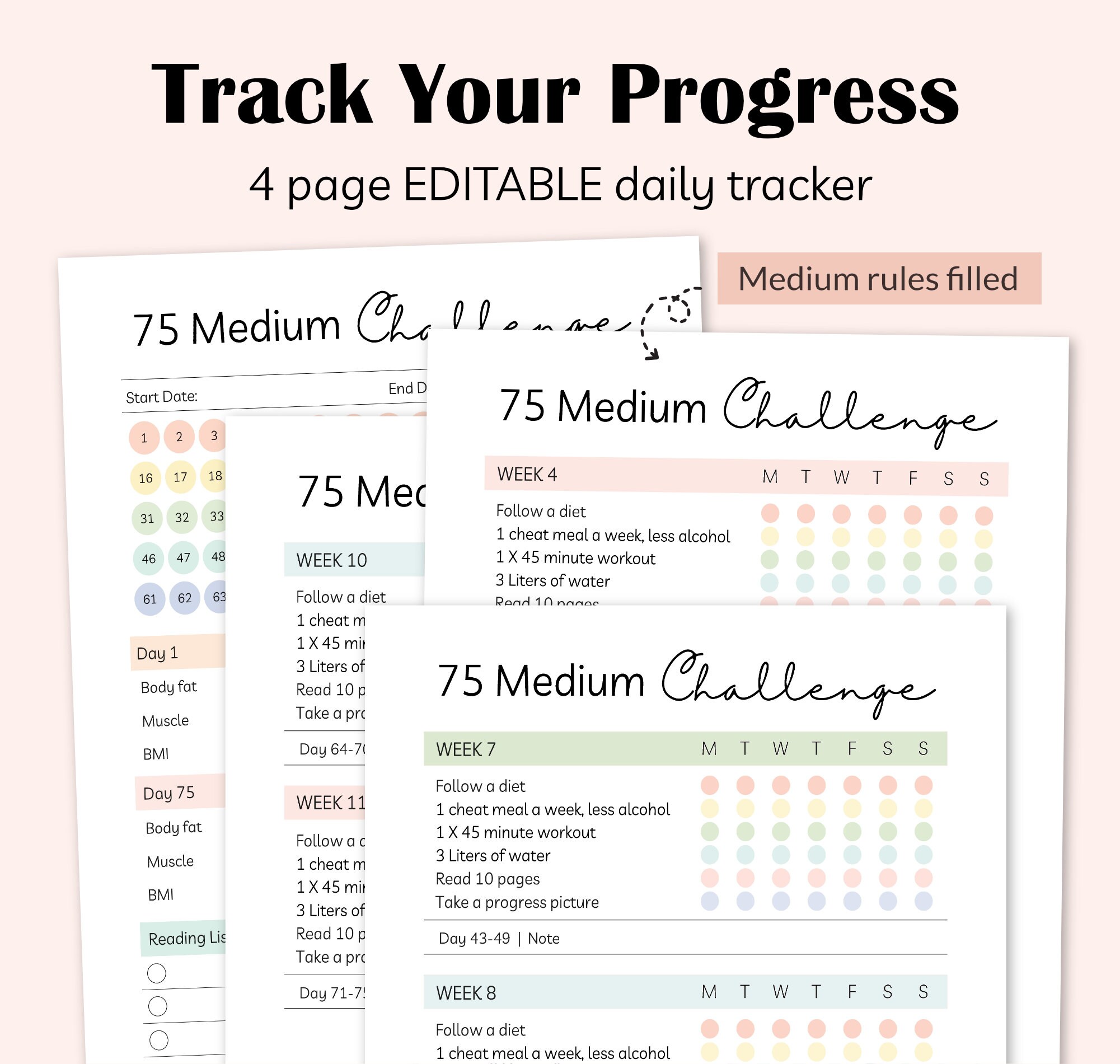 Editable 75 MEDIUM Challenge Progress Tracker, Easier Challenge Tracker ...