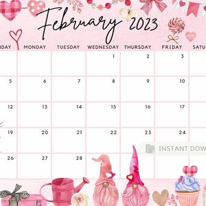Printable February 2023 Calendar Cute Valentine Loving Gnome - Etsy