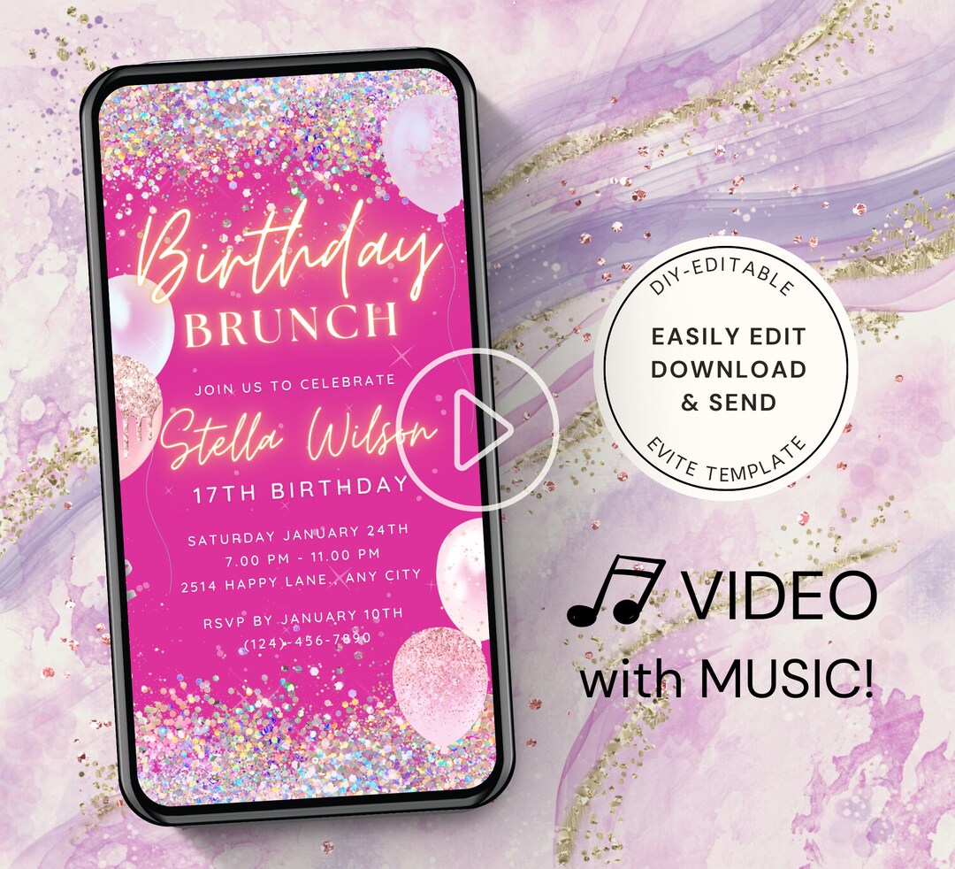 Neon Pink Birthday Brunch Invitation, Animated Birthday Party Dinner ...