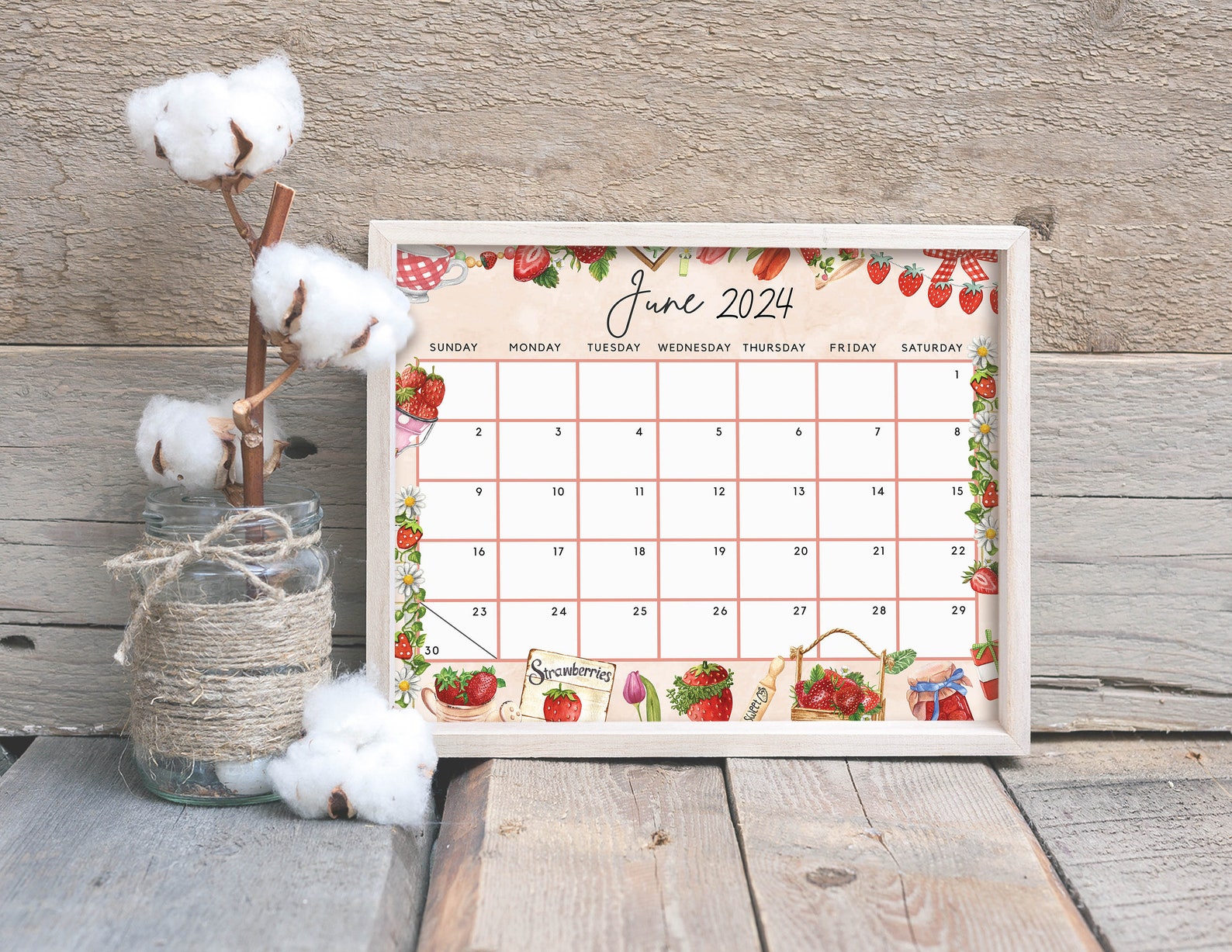 Cute June 2024 Calendar, Strawberry Gnome Sweet Spring June 24 ...