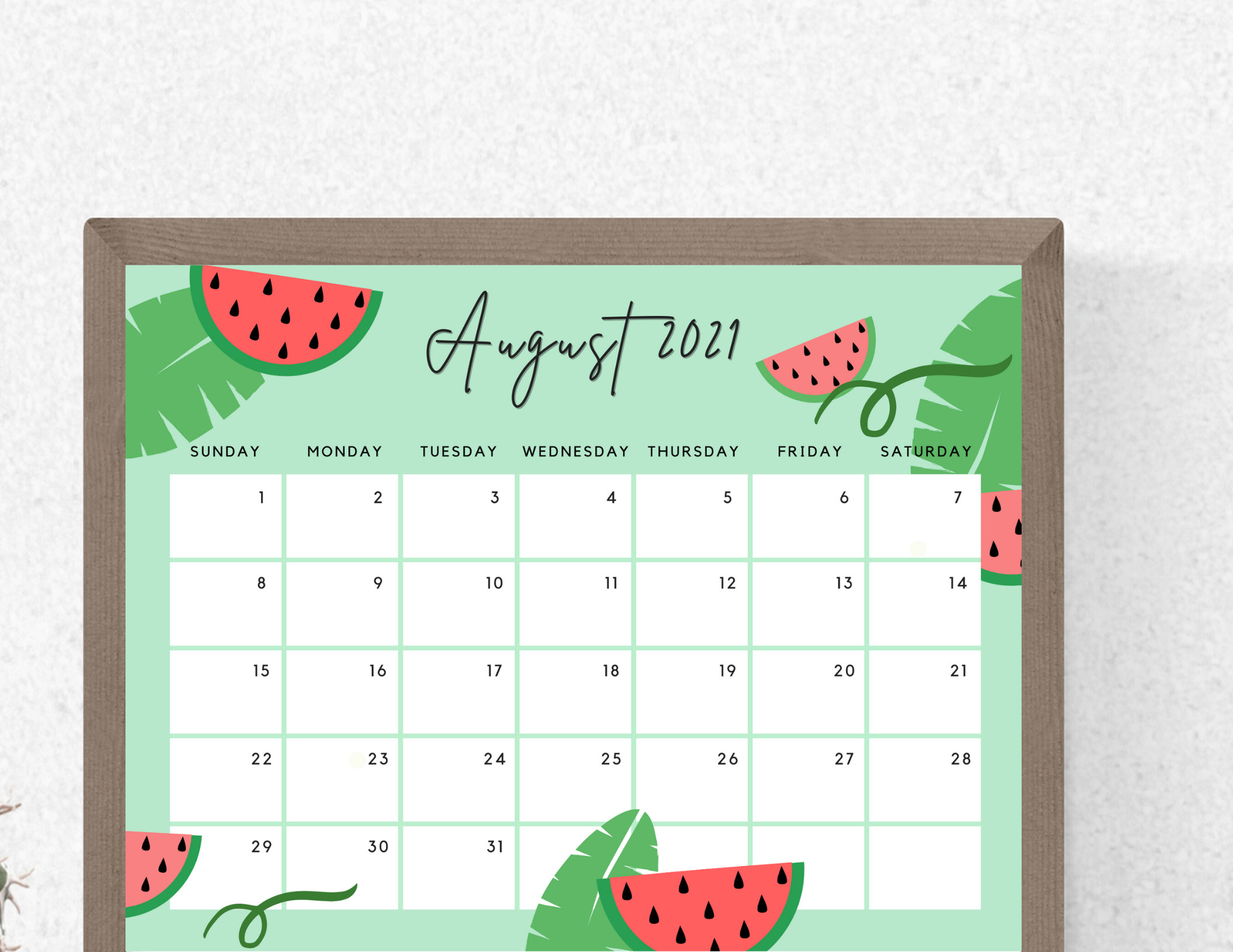August 2021 Calendar Cute Summer Tropical leaves & Watermelon | Etsy