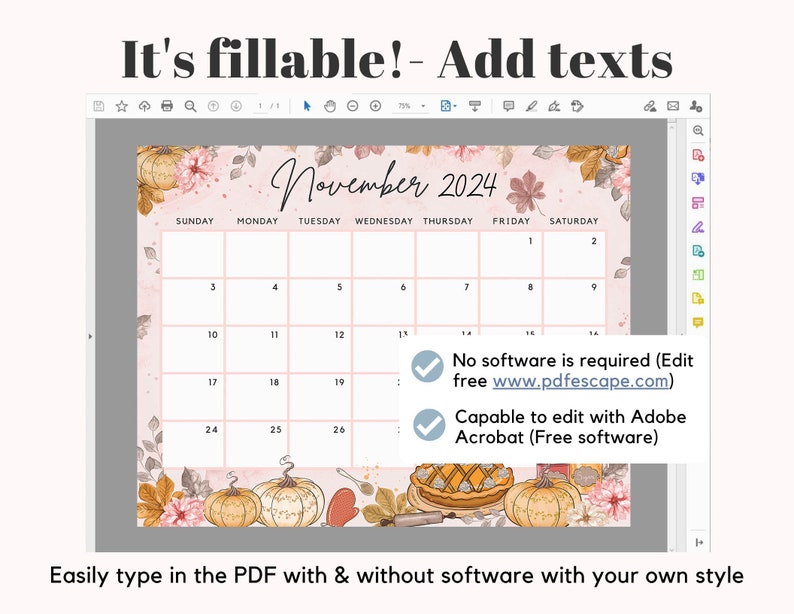 Fillable November 2024 Calendar, Sweet Autumn. Cute Fall Pumpkin Pie ...