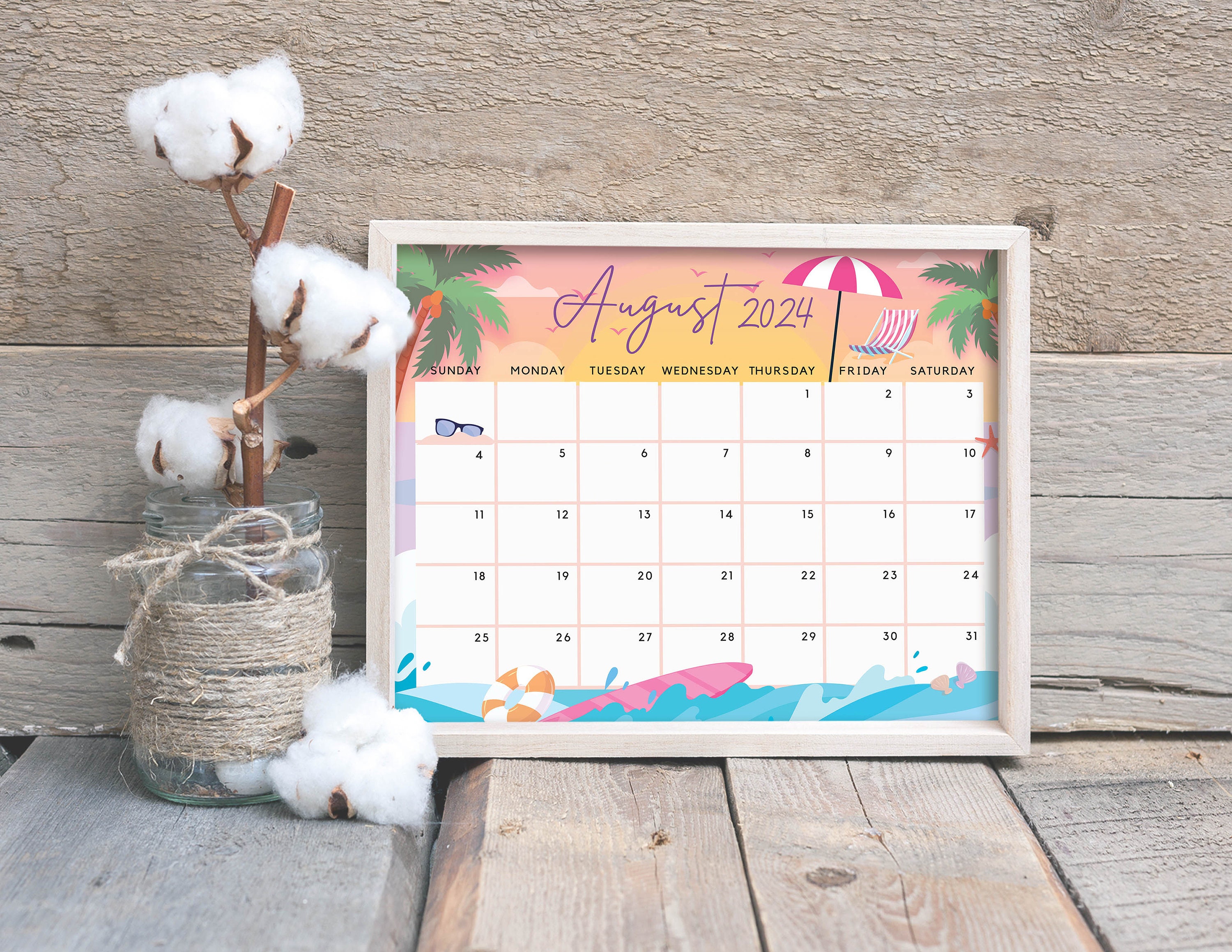 August 2024 Calendar Printable Summer Planner Calendar Cute Pink Sunset ...