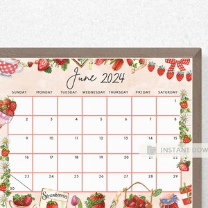 Cute June 2024 Calendar, Strawberry Gnome Sweet Spring June 24 ...