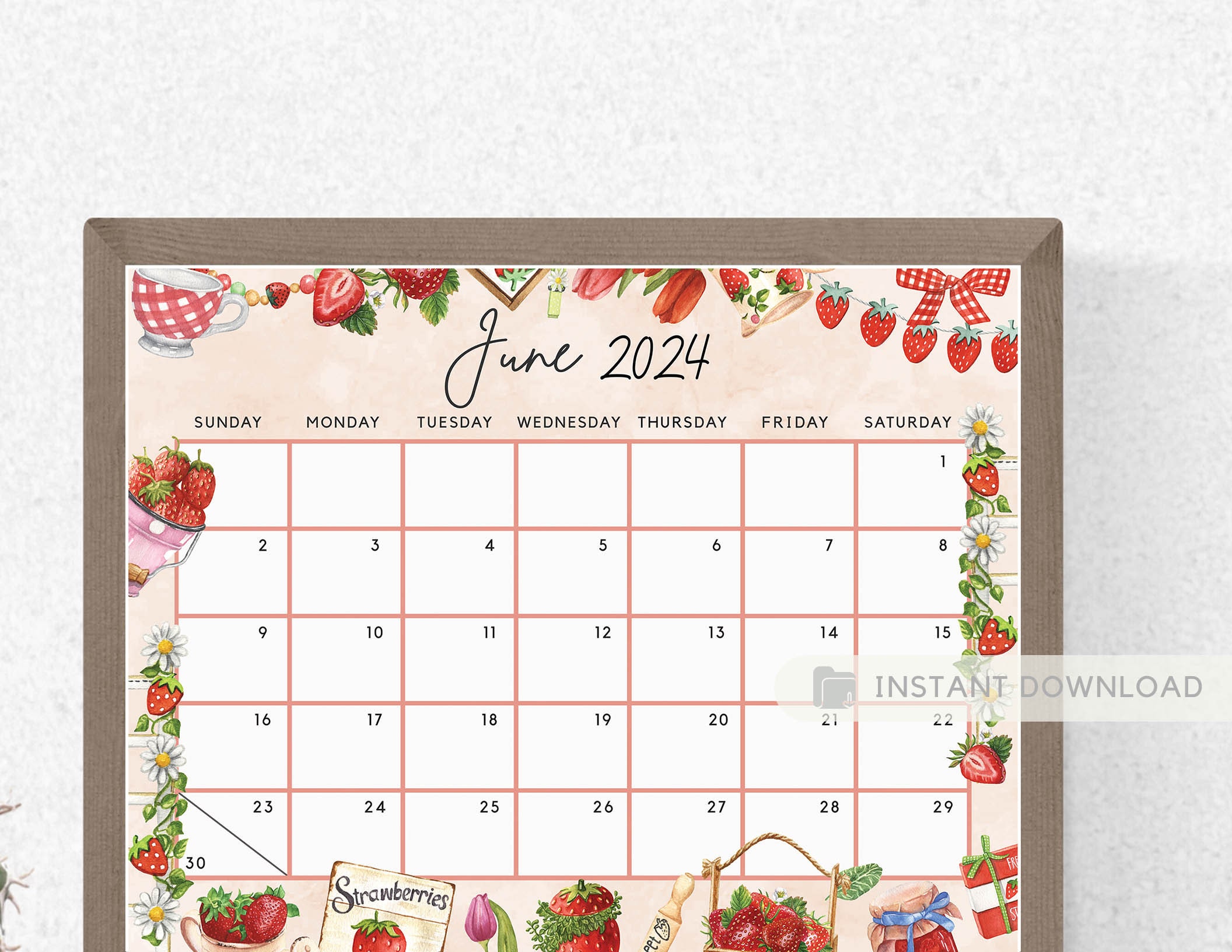 Cute June 2024 Calendar Strawberry Gnome Sweet Spring June 24 - Etsy