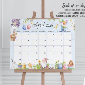 Printable April 2024 Calendar Fun Easter Bunny & Gnome Ediatble Planner ...
