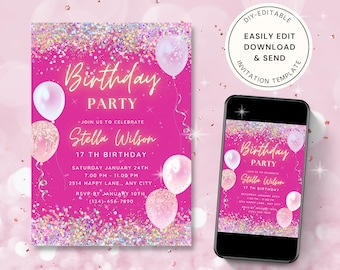 Hot Pink Birthday Party Invitation Template Hot Pink Floral - Etsy