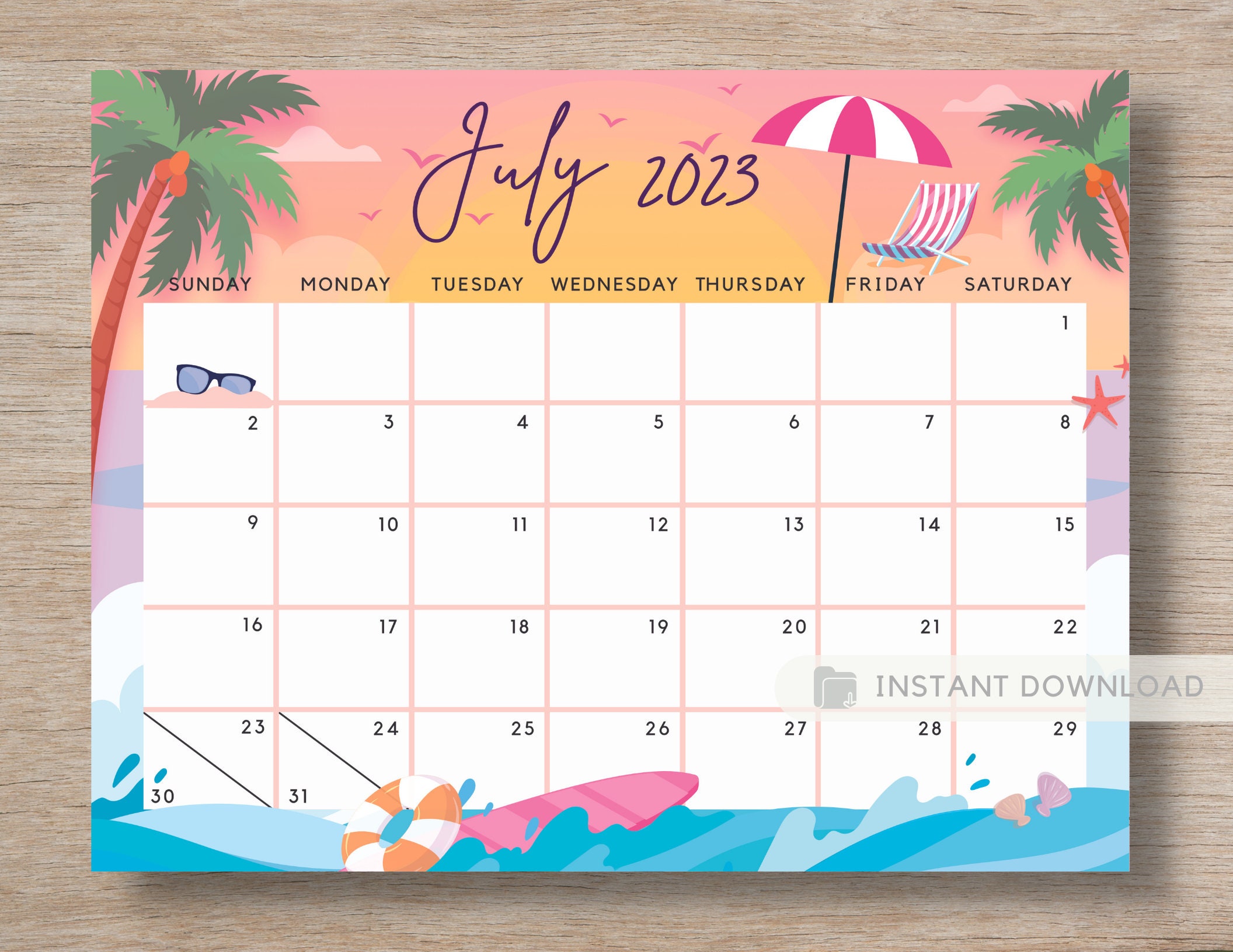 July 2023 Calendar Printable Summer Planner Calendar Cute Pink - Etsy
