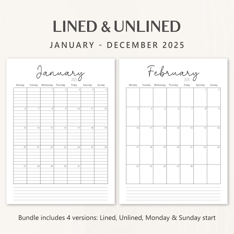 2025 Calendars PORTRAIT Lined & Blank Monthly Planner| Fillable | 8 ...