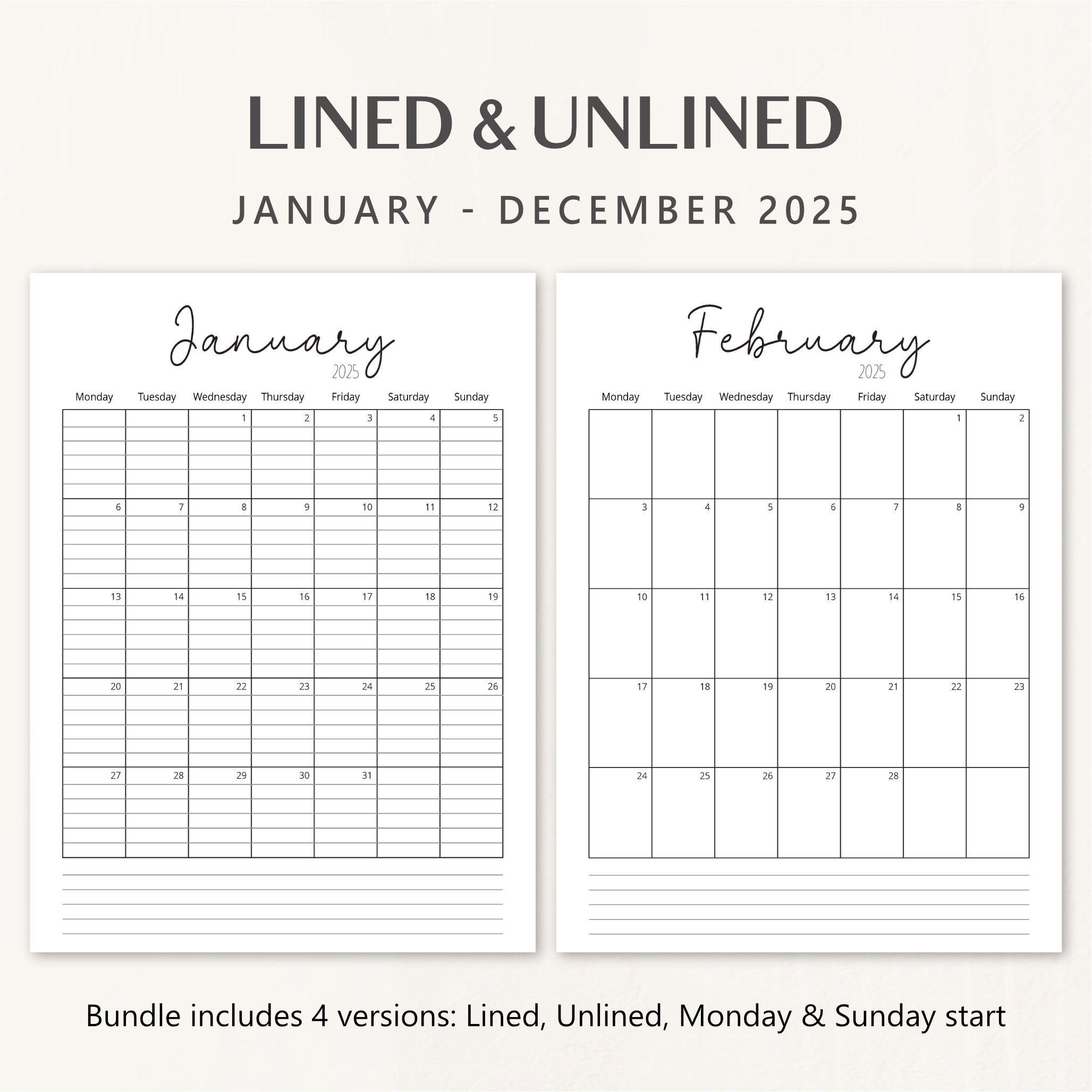 2025 Calendars PORTRAIT Lined & Blank Monthly Planner| Fillable | 8 ...