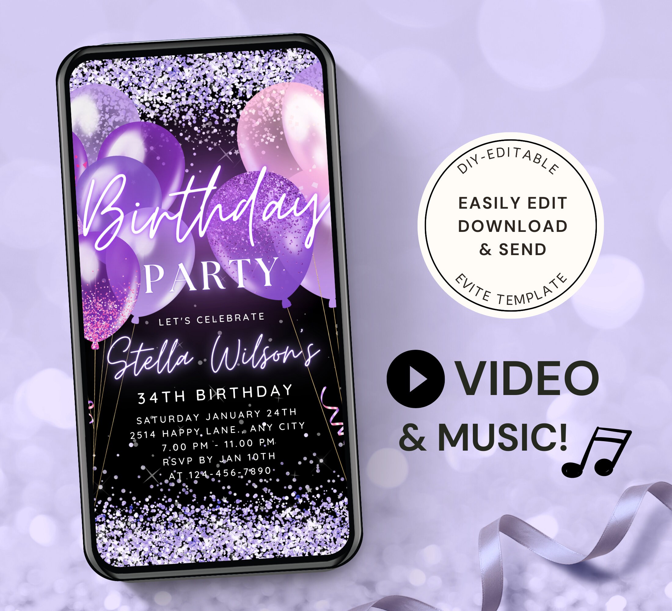 Animated Purple Birthday Invitation Party Invite for Any - Etsy