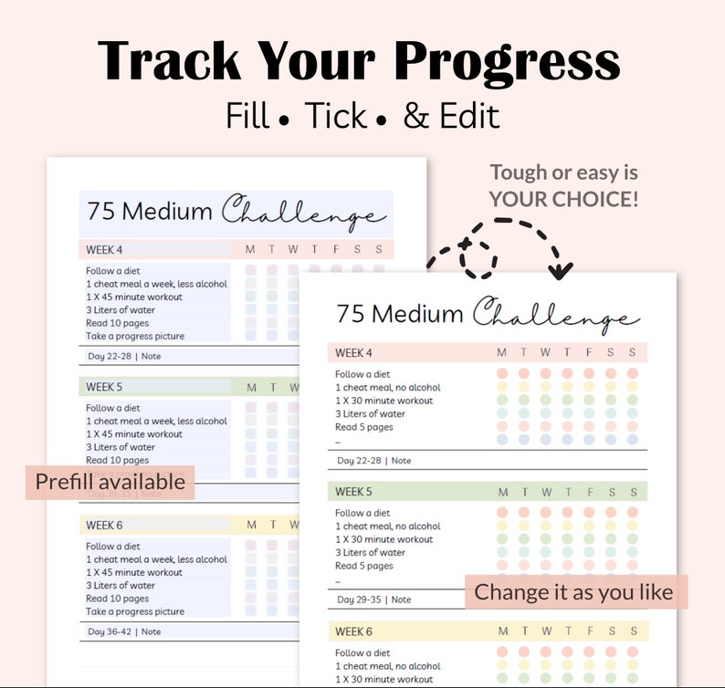 Editable 75 MEDIUM Challenge Progress Tracker, Easier Challenge Tracker ...