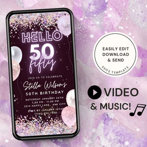 Hello 50 Fifty, Birthday Party Invitation Template, Animated Electronic ...