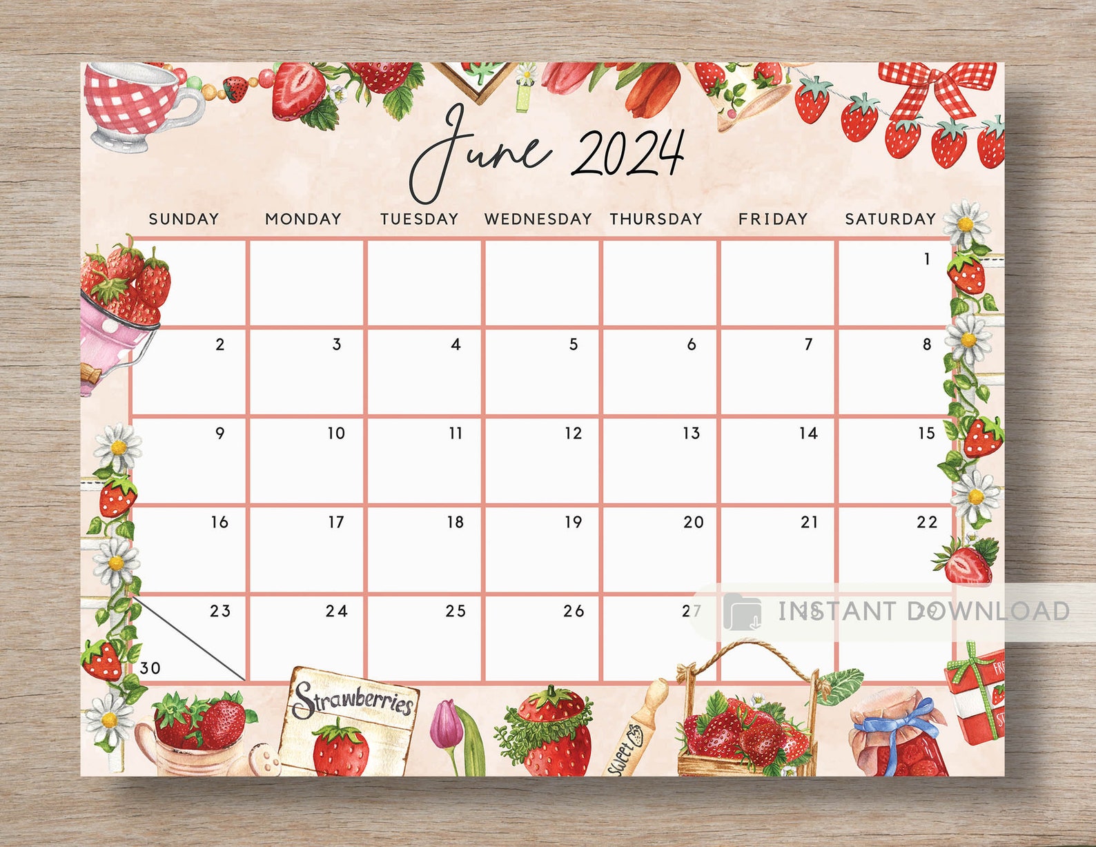 Cute June 2024 Calendar, Strawberry Gnome Sweet Spring June 24 ...
