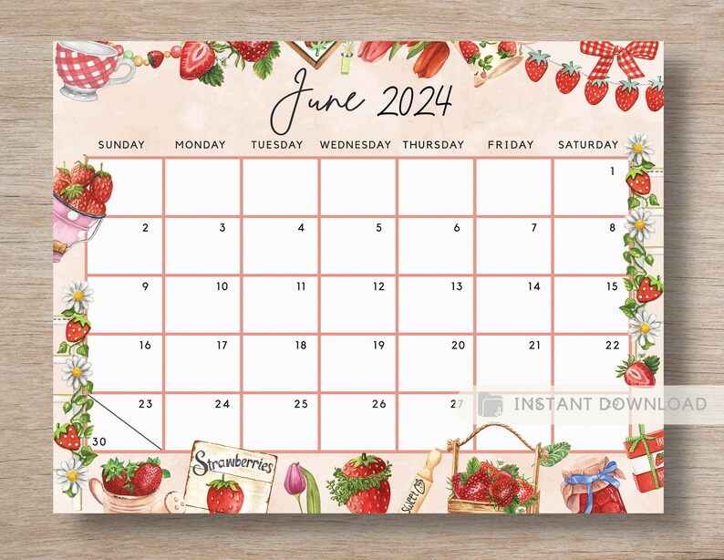 Cute June 2024 Calendar Strawberry Gnome Sweet Spring June 24 - Etsy