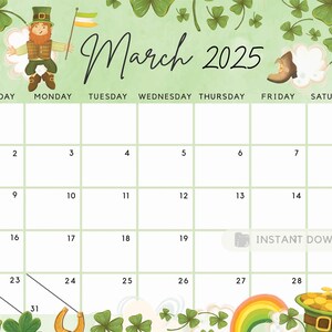 Editable March 2025 Calendar for the Lucky Month With Clovers Cute ...