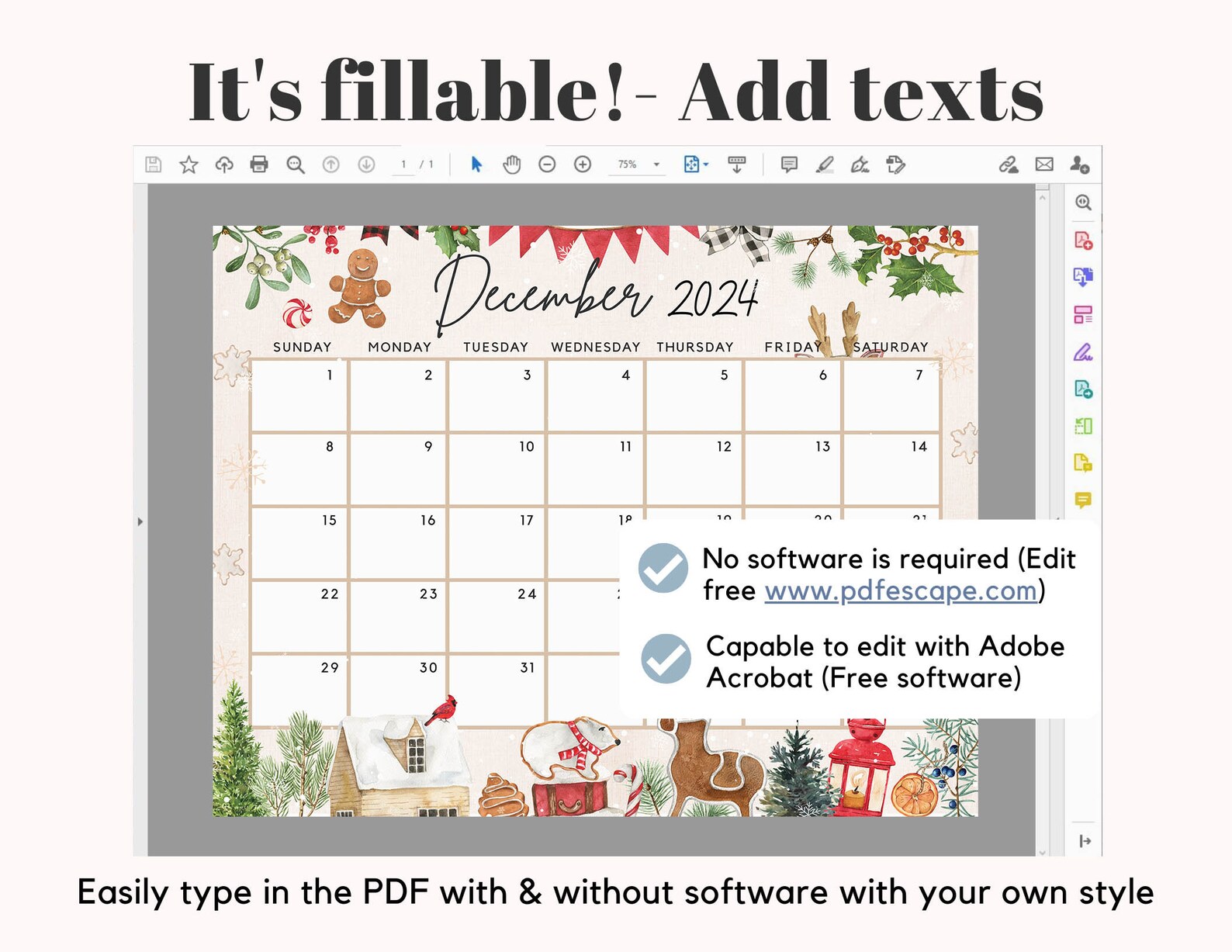 Fillable December 2024 Calendar, Cute Festive Snowy Winter Christmas ...