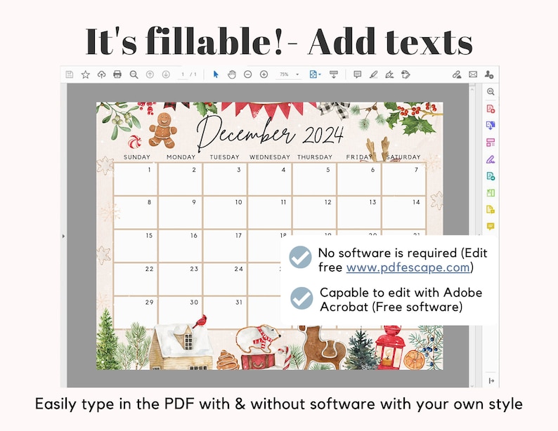 Fillable December 2024 Calendar, Cute Festive Snowy Winter Christmas ...