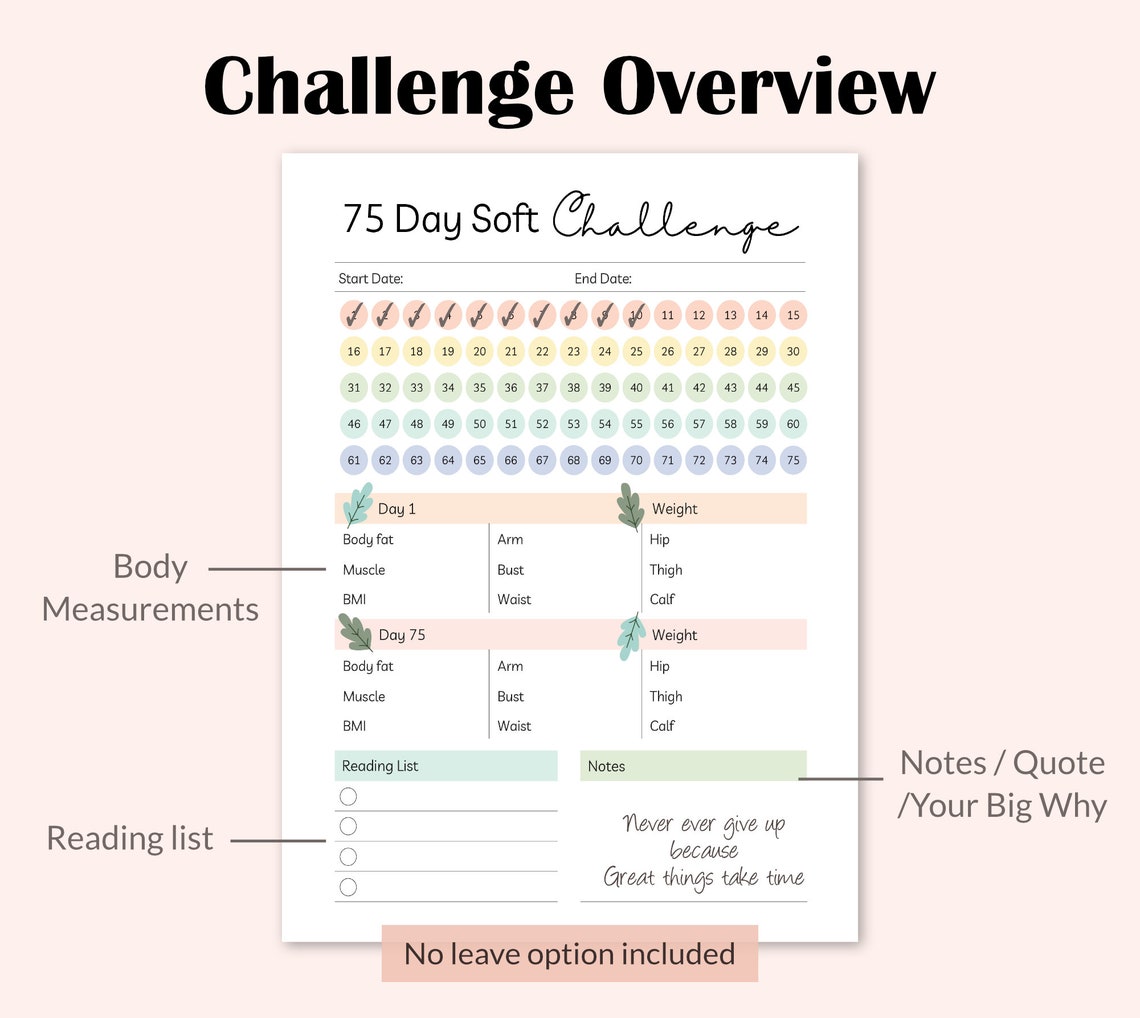 Editable 75 Day SOFT Challenge Progress Tracker Medium - Etsy