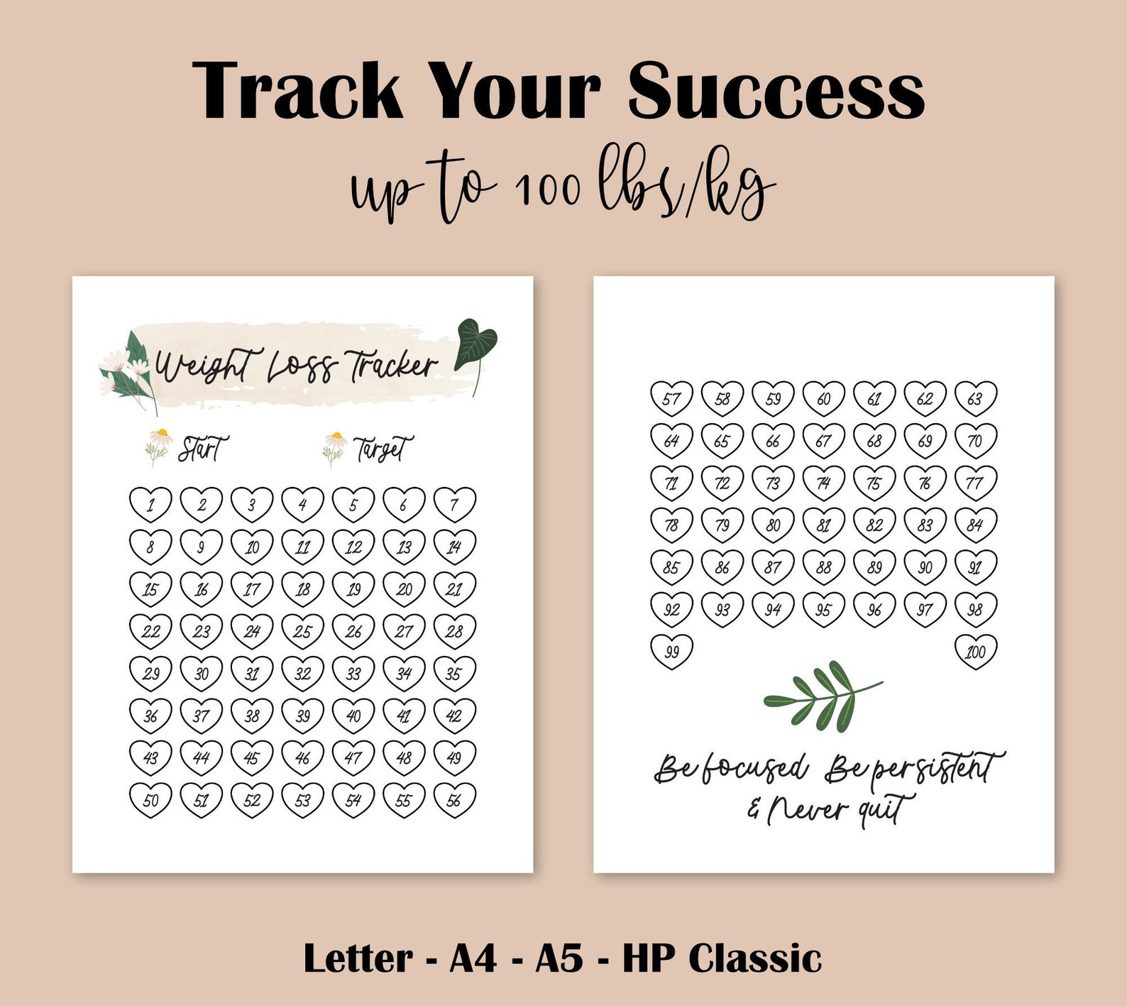 Printable Weight Loss Journal 100 Lbs/kg Loss Tracker Chart - Etsy