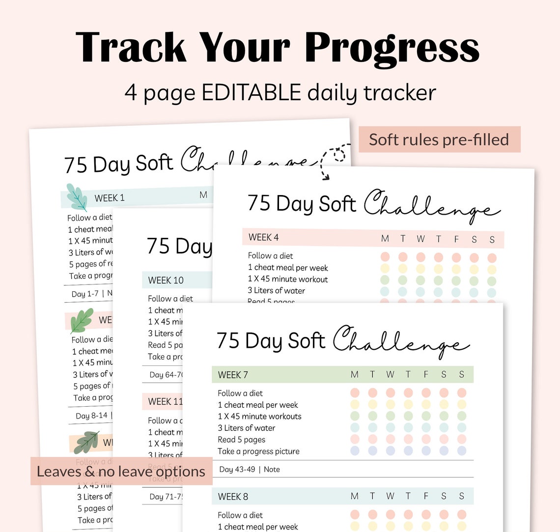 Editable 75 Day SOFT Challenge Progress Tracker Medium - Etsy