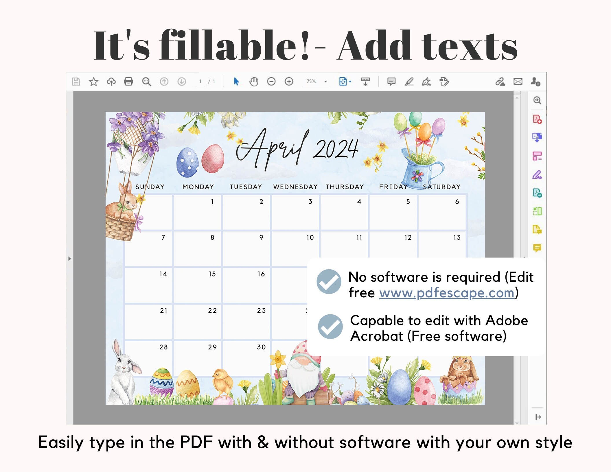 Printable April 2024 Calendar Fun Easter Bunny & Gnome Ediatble Planner ...