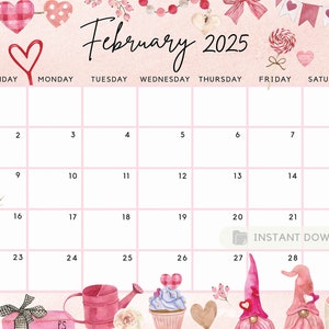 February 2025 Calendar, Lovely & Sweet Valentine's Day Gnome - Cute ...