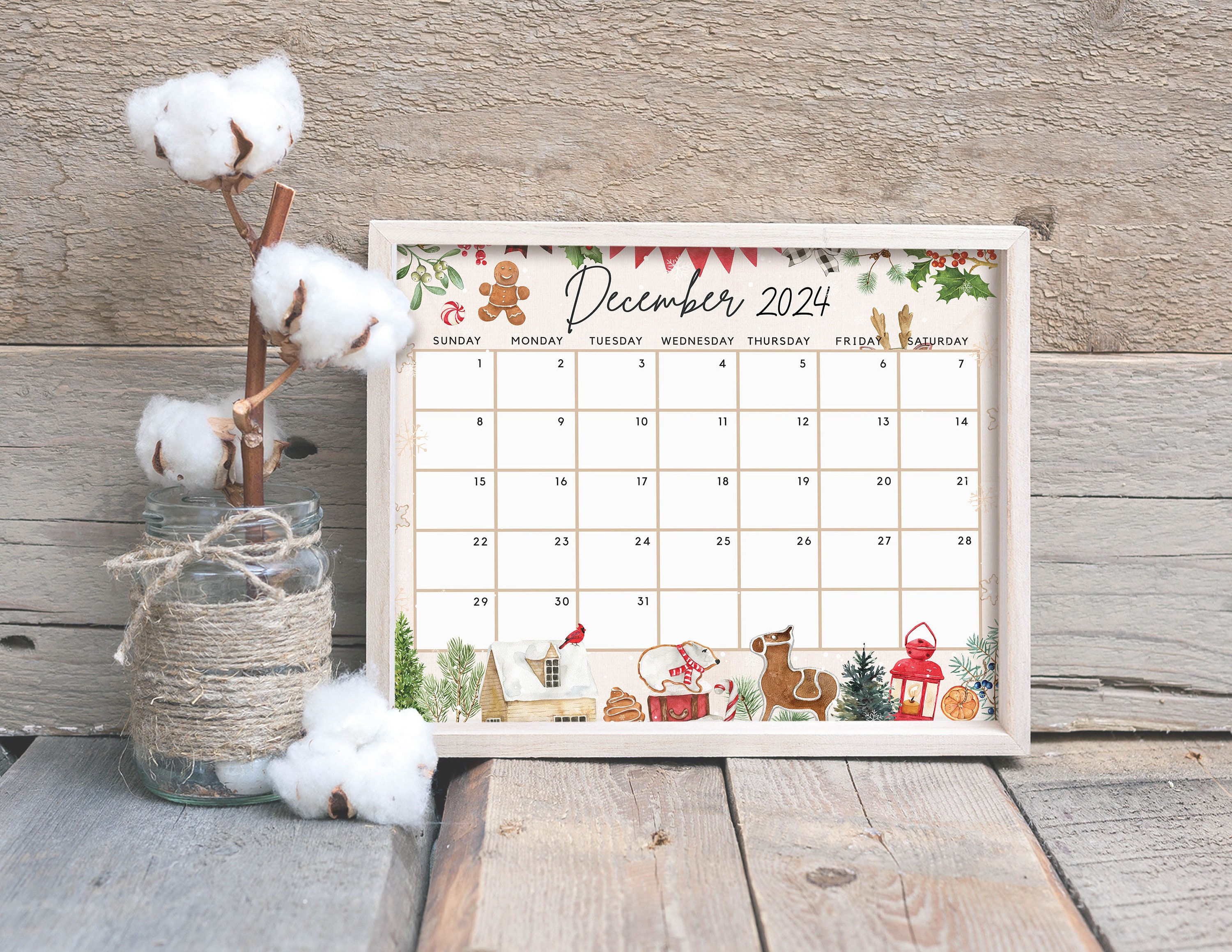 Fillable December 2024 Calendar, Cute Festive Snowy Winter Christmas ...
