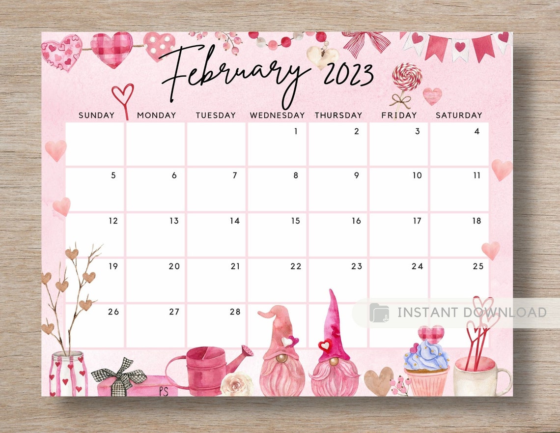 Printable February 2023 Calendar Cute Valentine Loving Gnome - Etsy