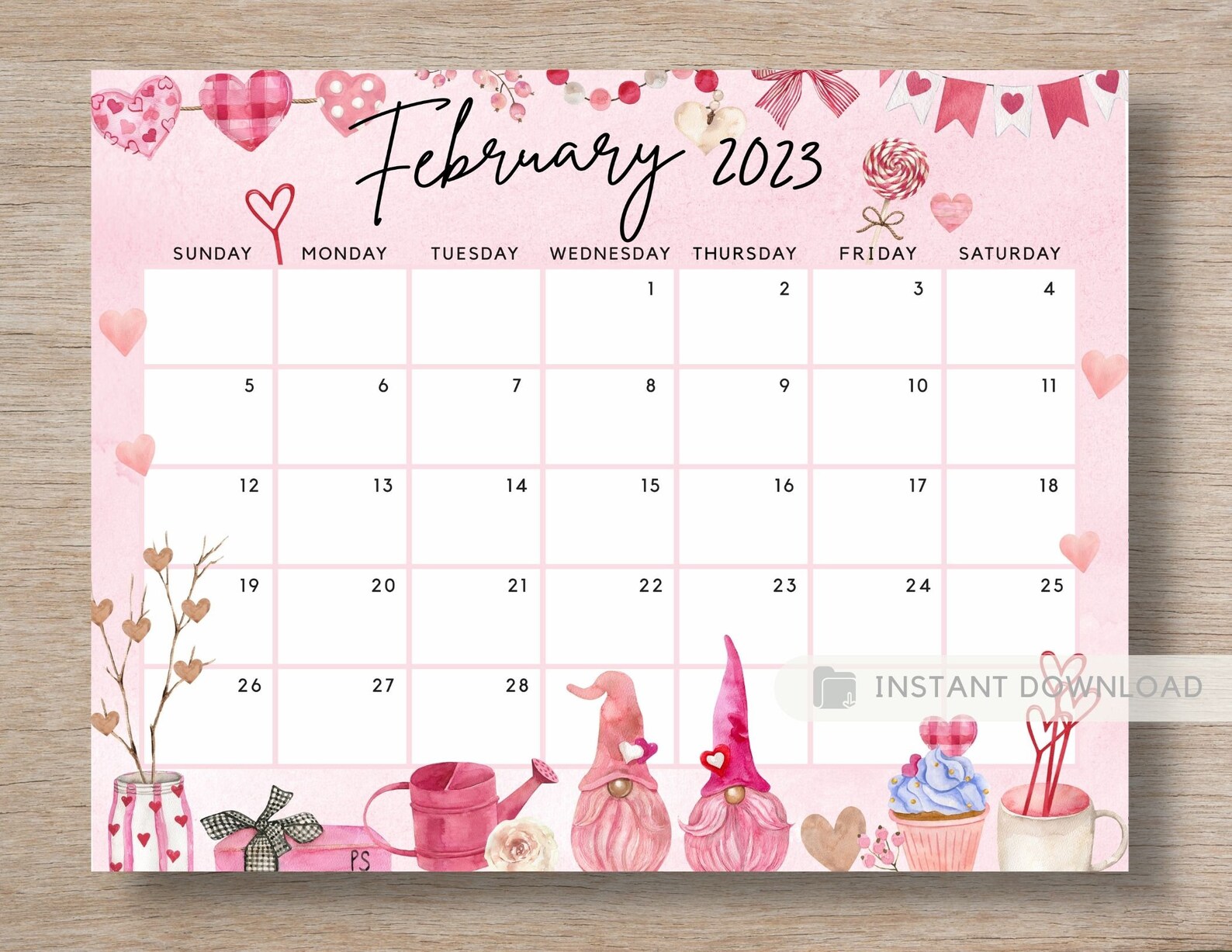 Printable February 2023 Calendar Cute Valentine Loving Gnome - Etsy