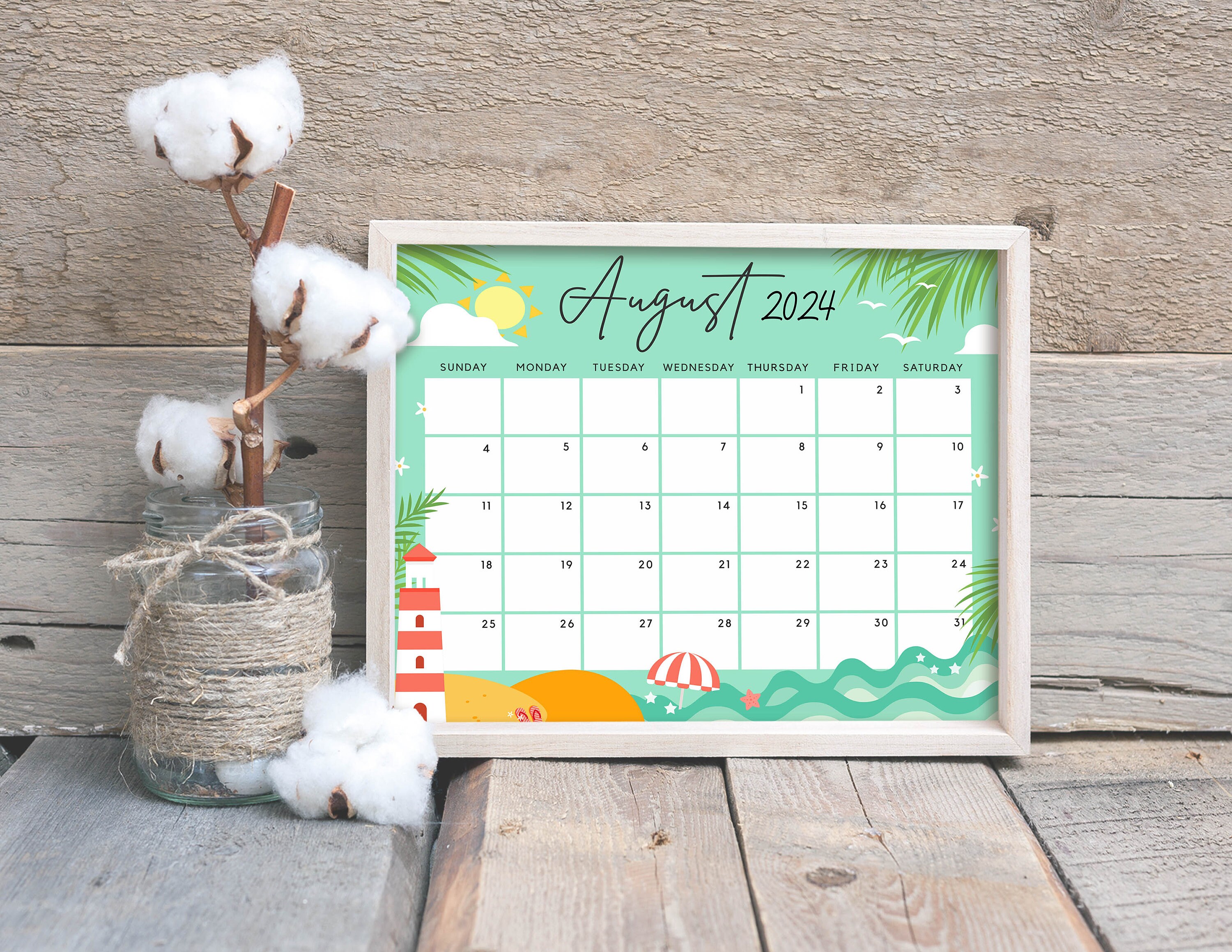 August 2024 Calendar, Warm & Cute Summer Beach Printable Calendar ...