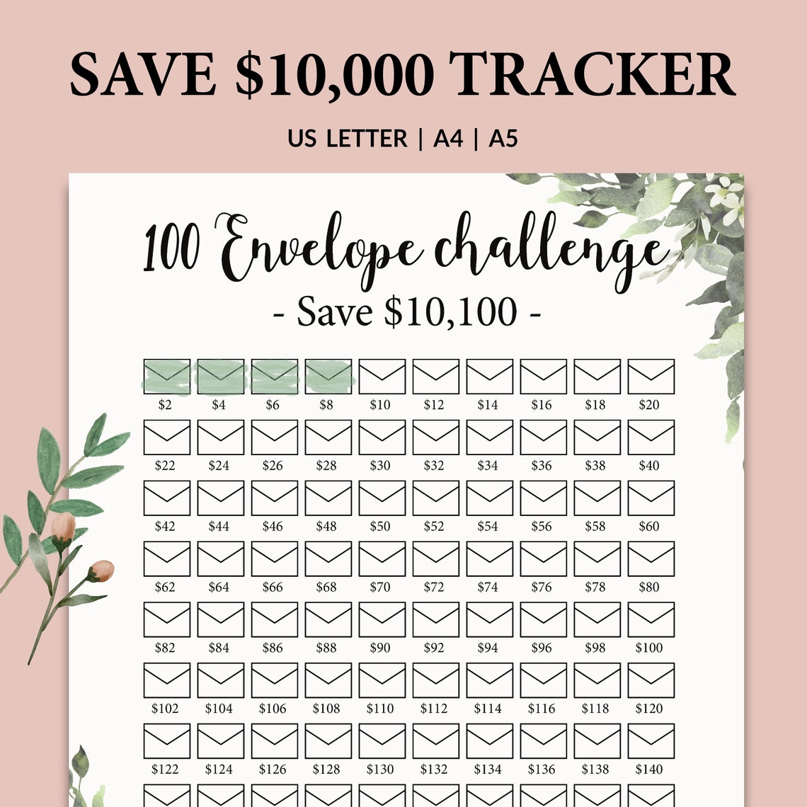 100 ENVELOPES CHALLENGE L 10000 Saving Tracker Save 10k - Etsy