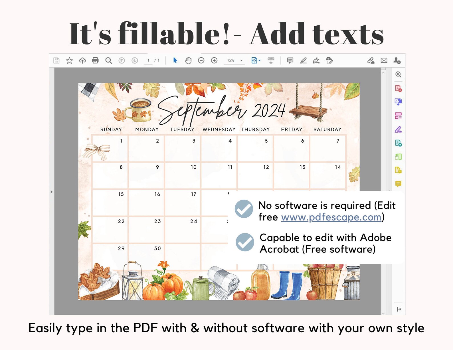 Fillable September 2024 Calendar, Beautiful Fall Vibes, Printable ...