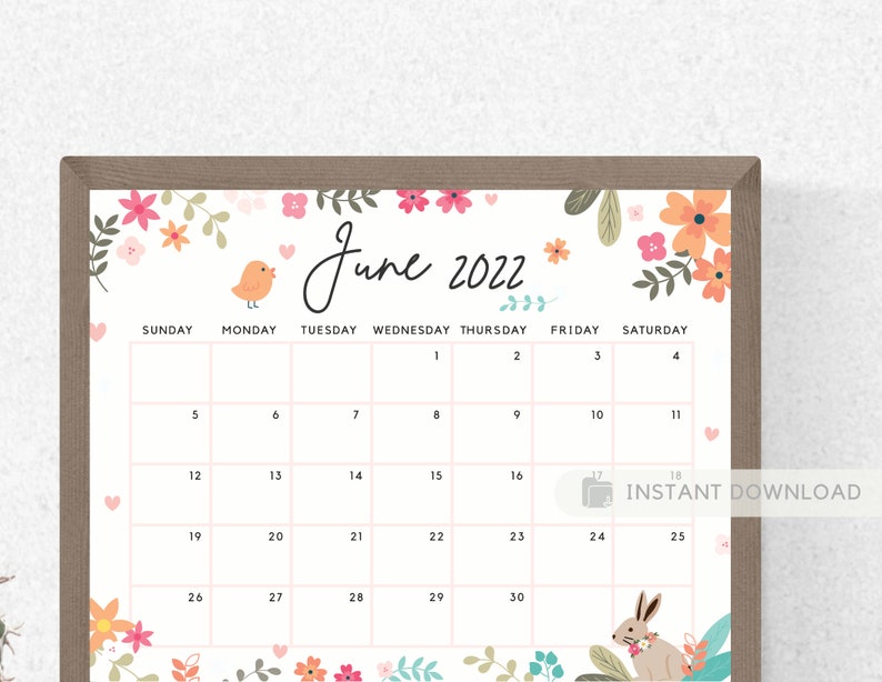 June 2022 Calendar Printable Calendar Planner Cute Spring & - Etsy
